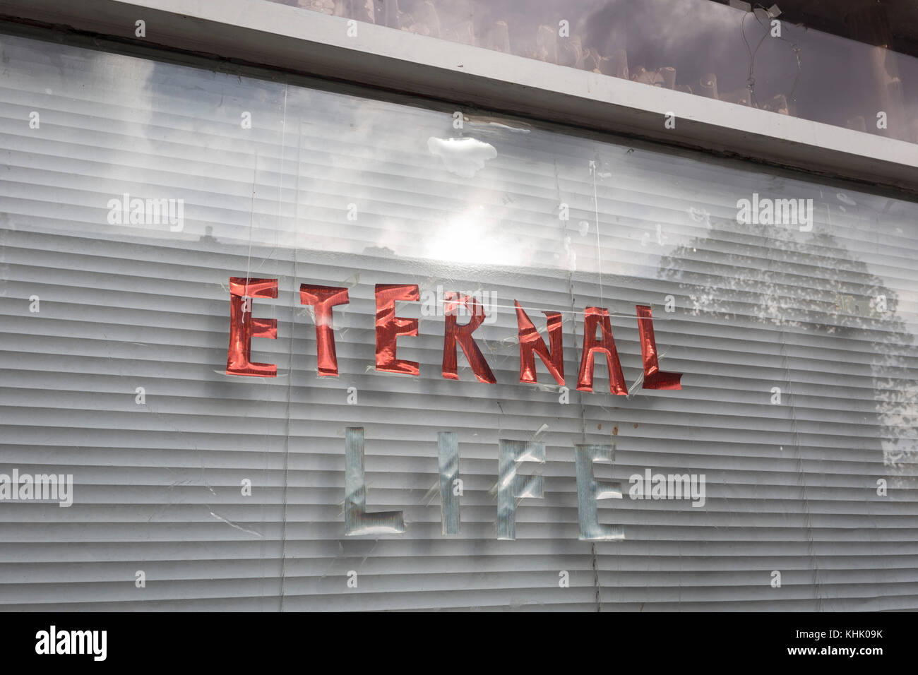 The words Eternal Life in the window of a community church on the Old ...