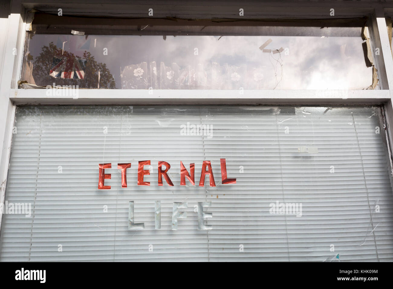The words Eternal Life in the window of a community church on the Old ...