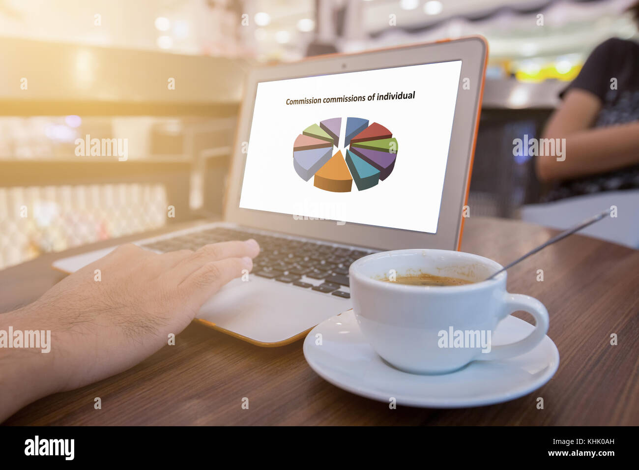Close up of business man hand working on blank screen laptop computer ...