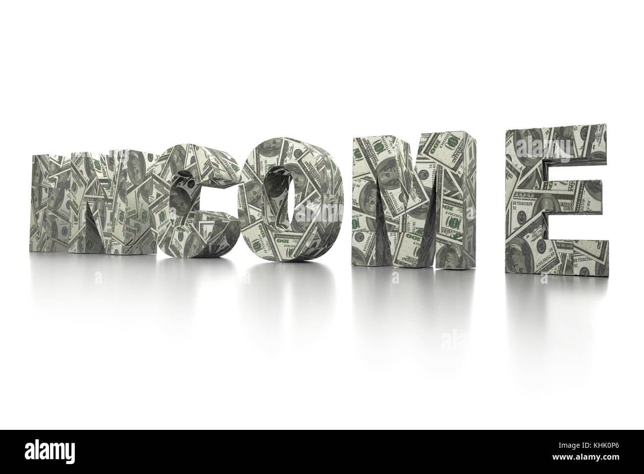 3D rendering of INCOME word wrapped around with 100 USD banknotes over ...
