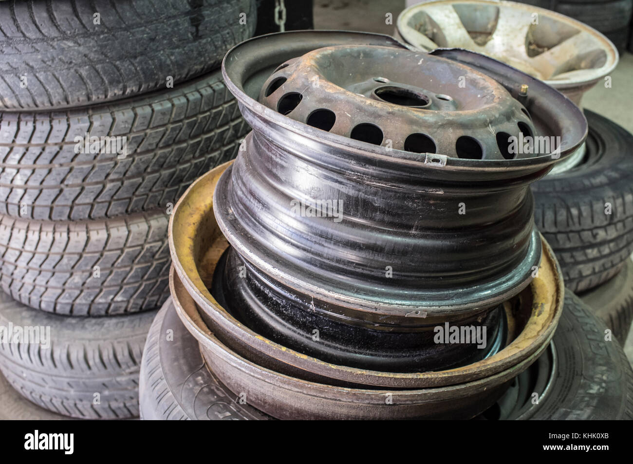 Used rims closeup. Piles of wheels waiting for repaired. Closeup Stock ...