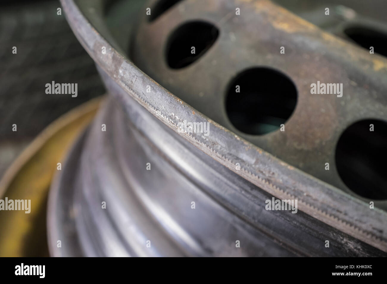 Used rims closeup. Piles of wheels waiting for repaired. Closeup Stock ...