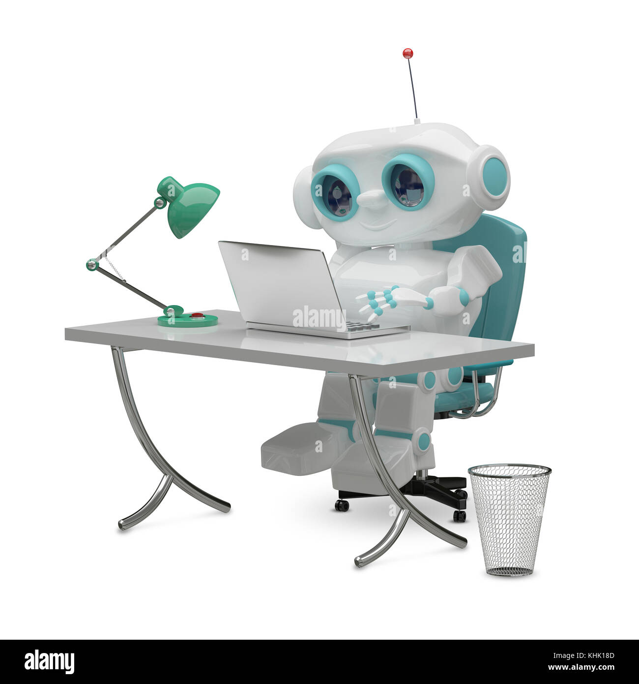 3D Illustration of the Little Robot Behind the Table on White ...