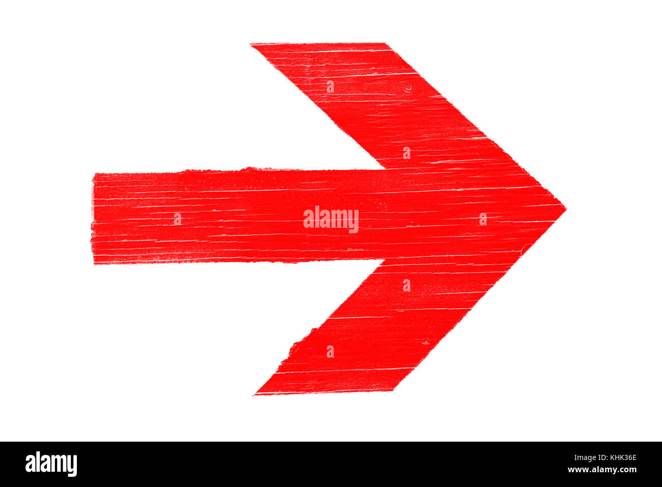 Red directional arrow manually painted on wooden signboard texture and ...