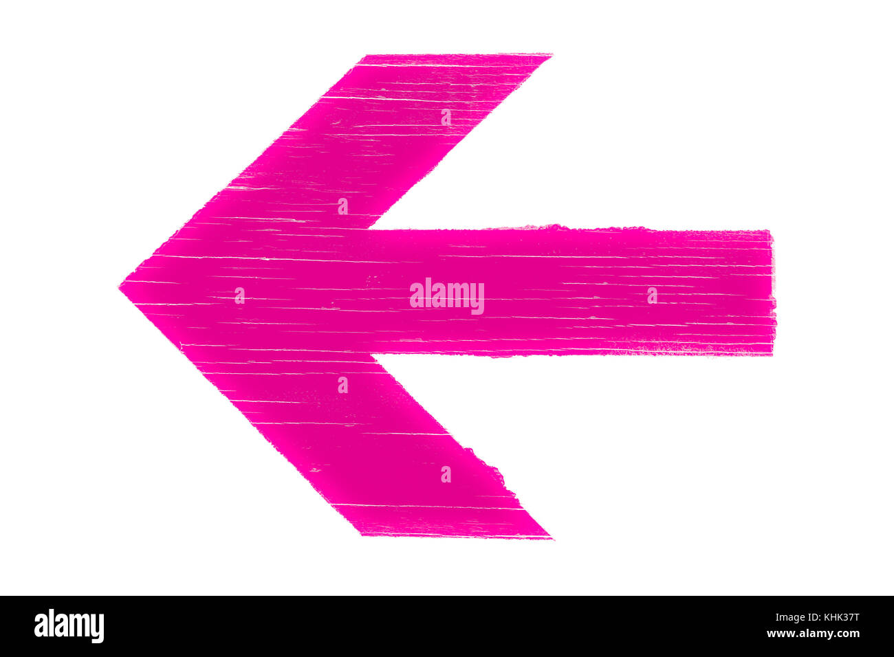 Pink arrow manually painted on wooden signboard texture and isolated on ...