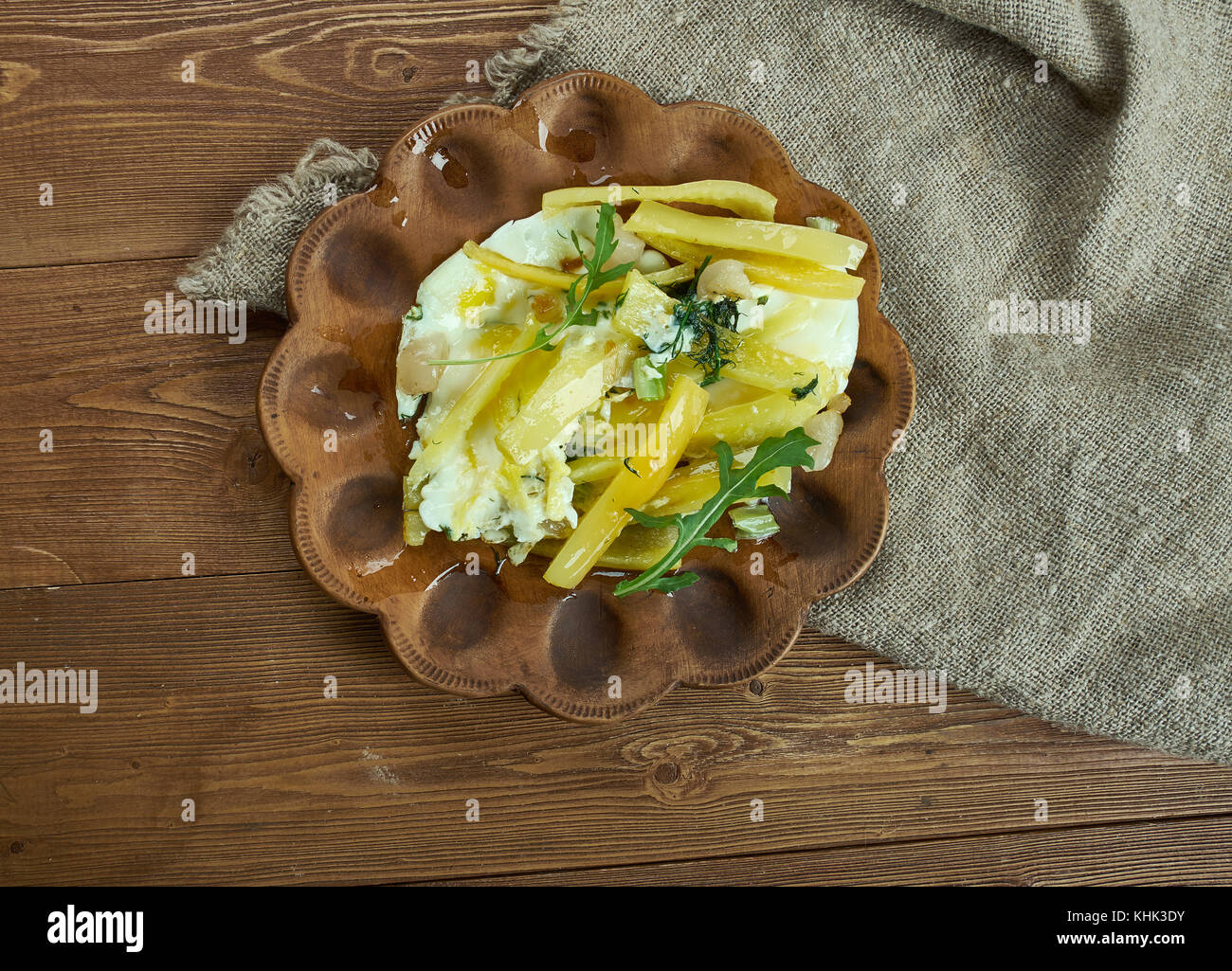Balkan Breakfast, Scrambled eggs with bacon and vegetables Stock Photo ...