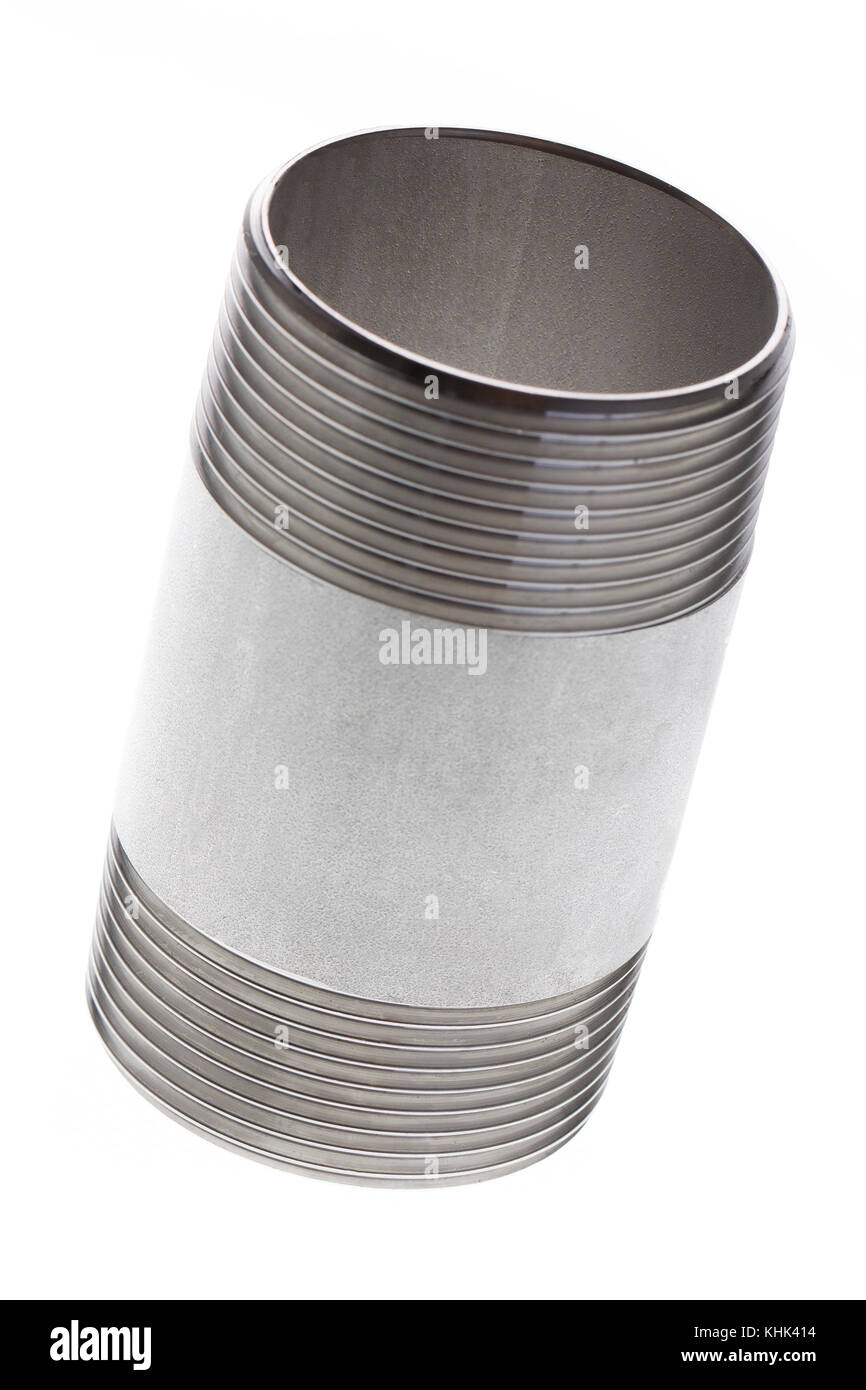 Stainless steel the threaded spigot fitting is isolated on white ...