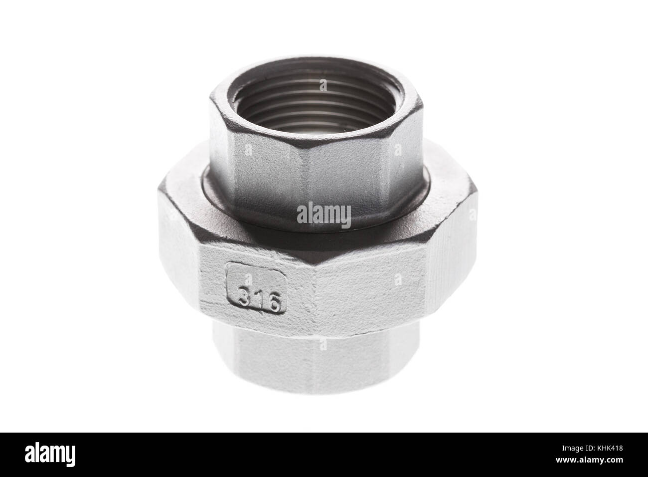 Stainless steel the threaded union fitting is isolated on white ...