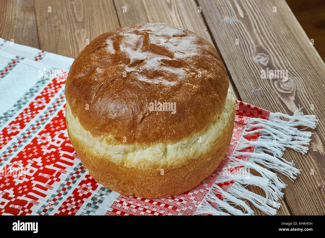 Russian northern traditional round bread - karavai, studio close up ...