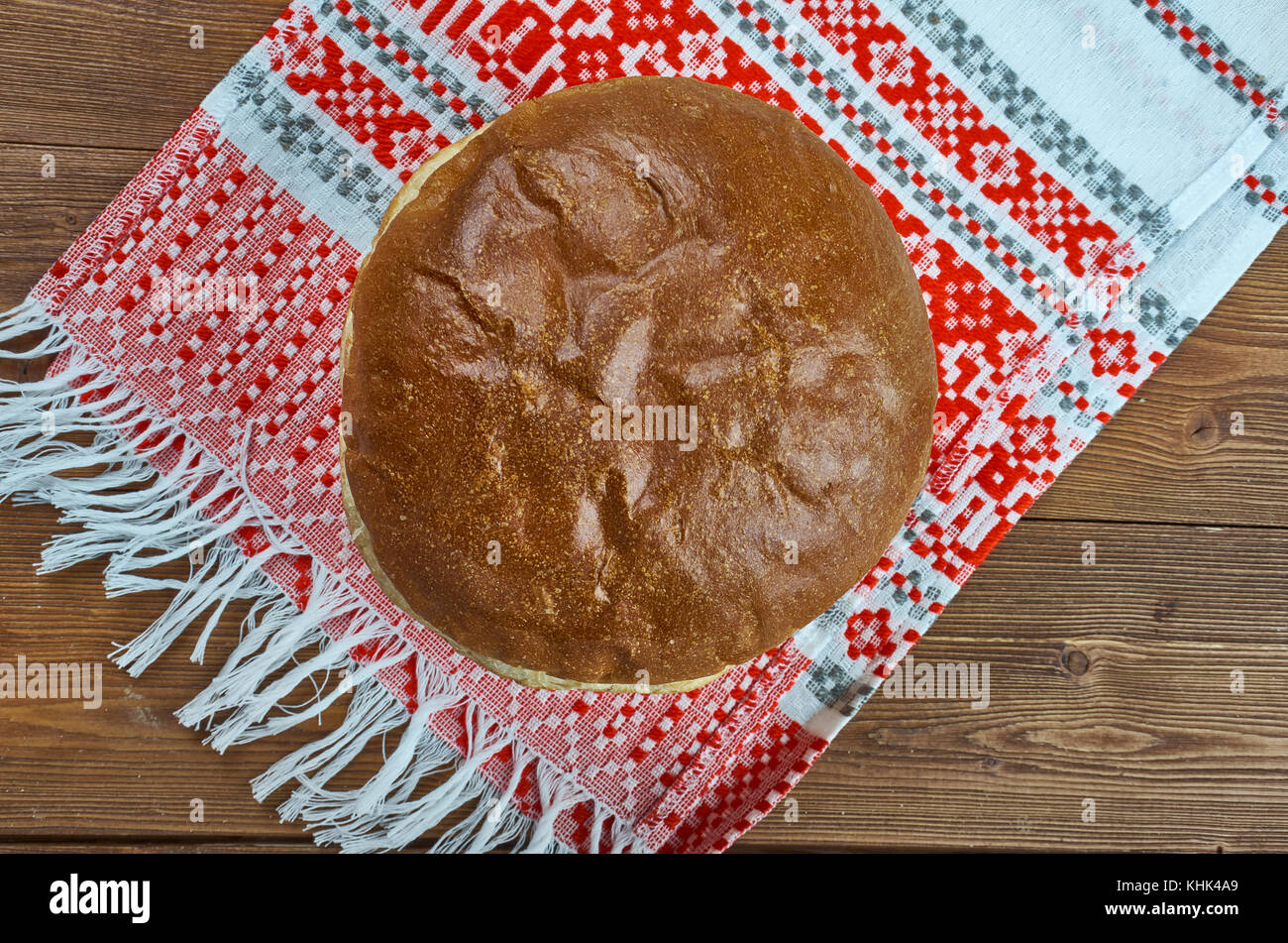 Russian northern traditional round bread - karavai, studio close up ...