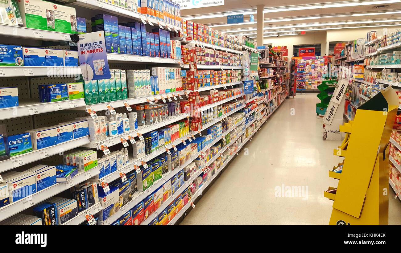 Pharmacy interior shelves Stock Photo - Alamy