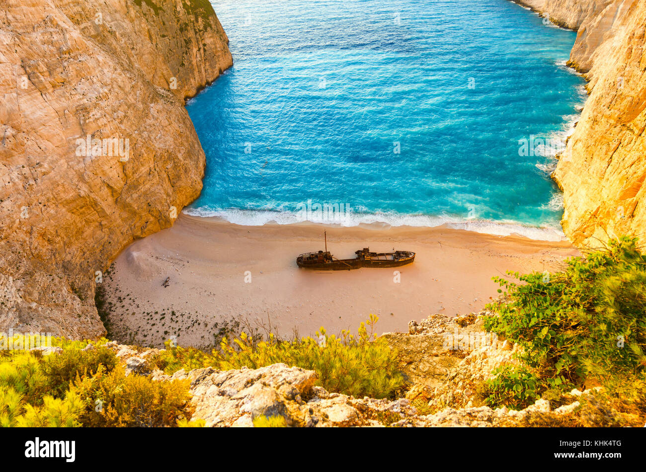 landscape of the beautiful beach with shipwreck in the island of Zante ...