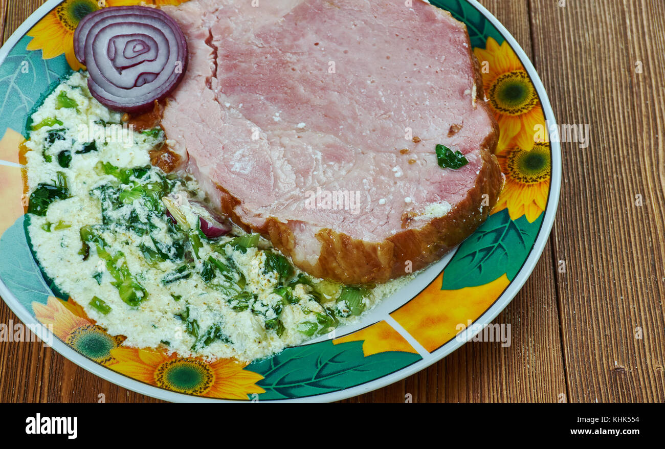 Boiled Bacon And Parsley Sauce, close up meal Stock Photo - Alamy