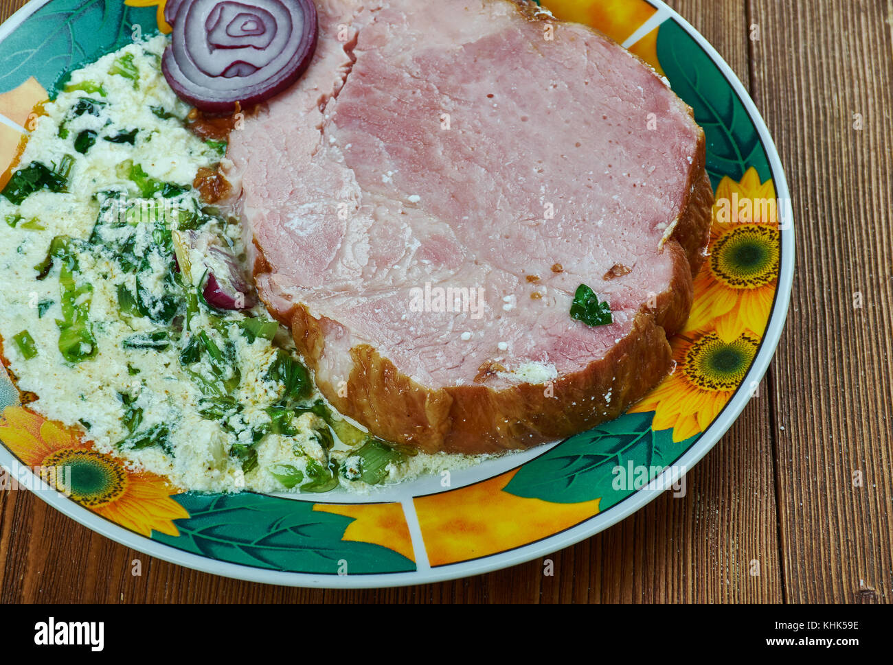 Boiled Bacon And Parsley Sauce, close up meal Stock Photo - Alamy