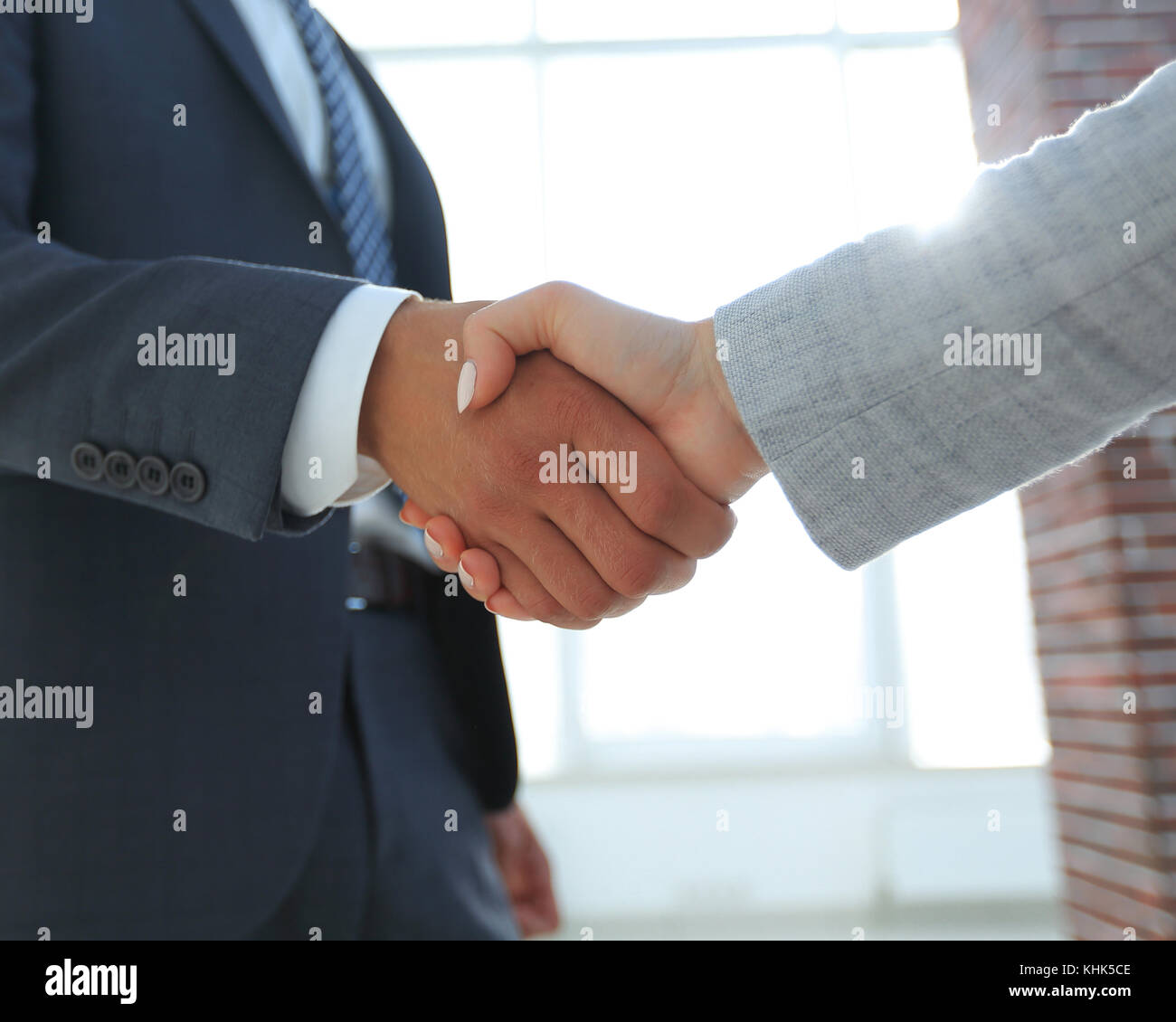 Excited smiling businessman handshaking partner at meeting Stock Photo ...