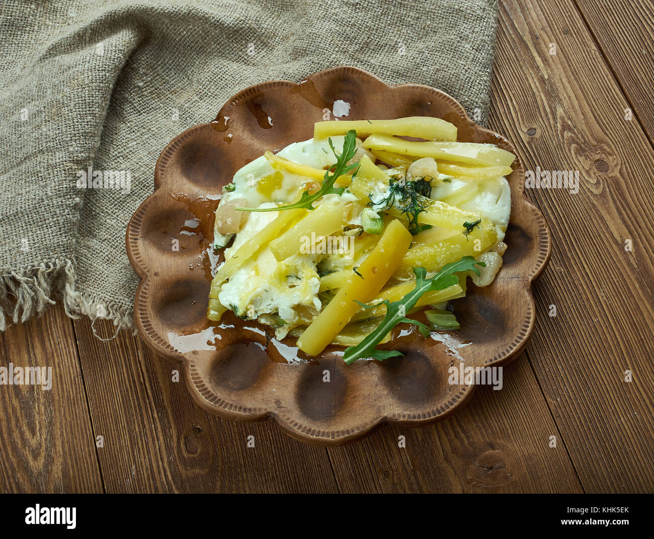 Balkan Breakfast, Scrambled eggs with bacon and vegetables Stock Photo ...