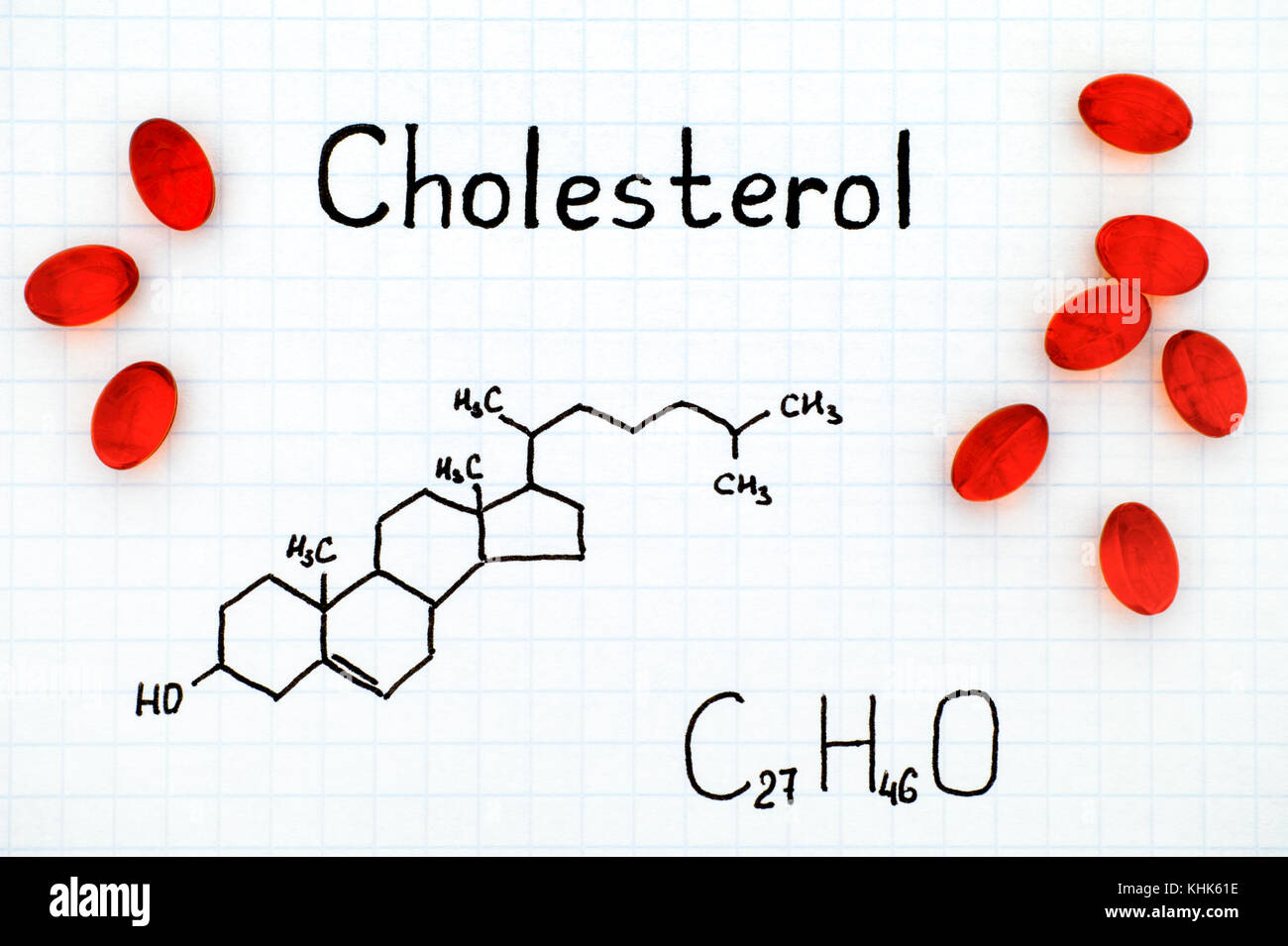 Chemical formula of Cholesterol with some red pills. Close-up Stock ...