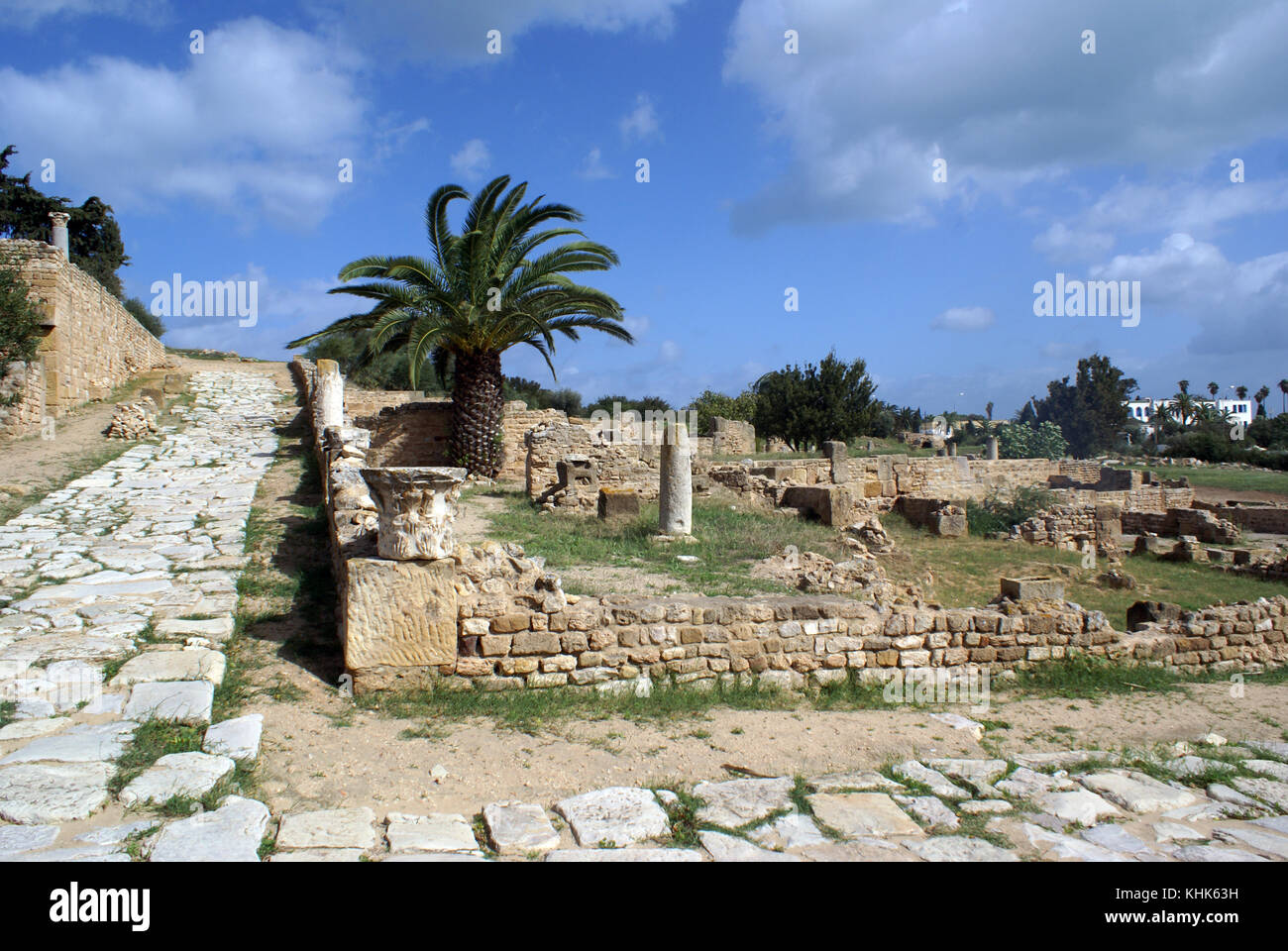 Stone road and ruins of old roman villas in Carthage, Tunisia Stock ...