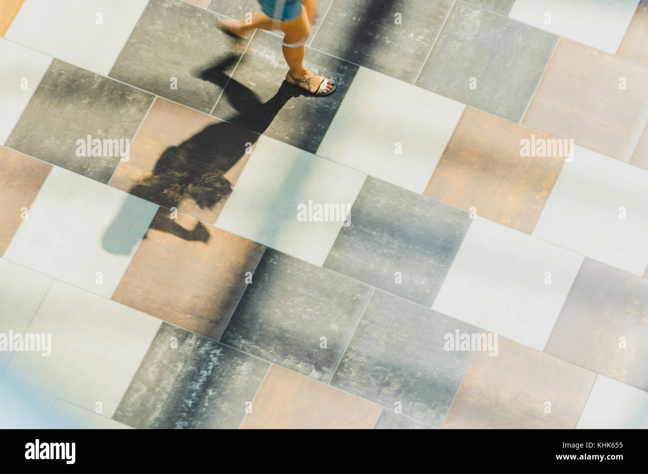 Silhouette of a walking woman with long shadow from above. Abstract ...