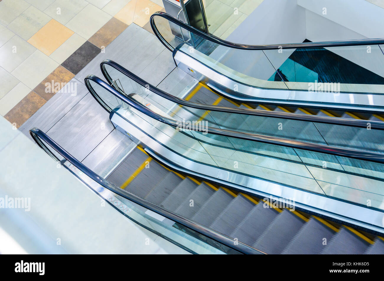 Empty Escalators Stairway Top View. Motion Blur Moving Staircase Stock ...