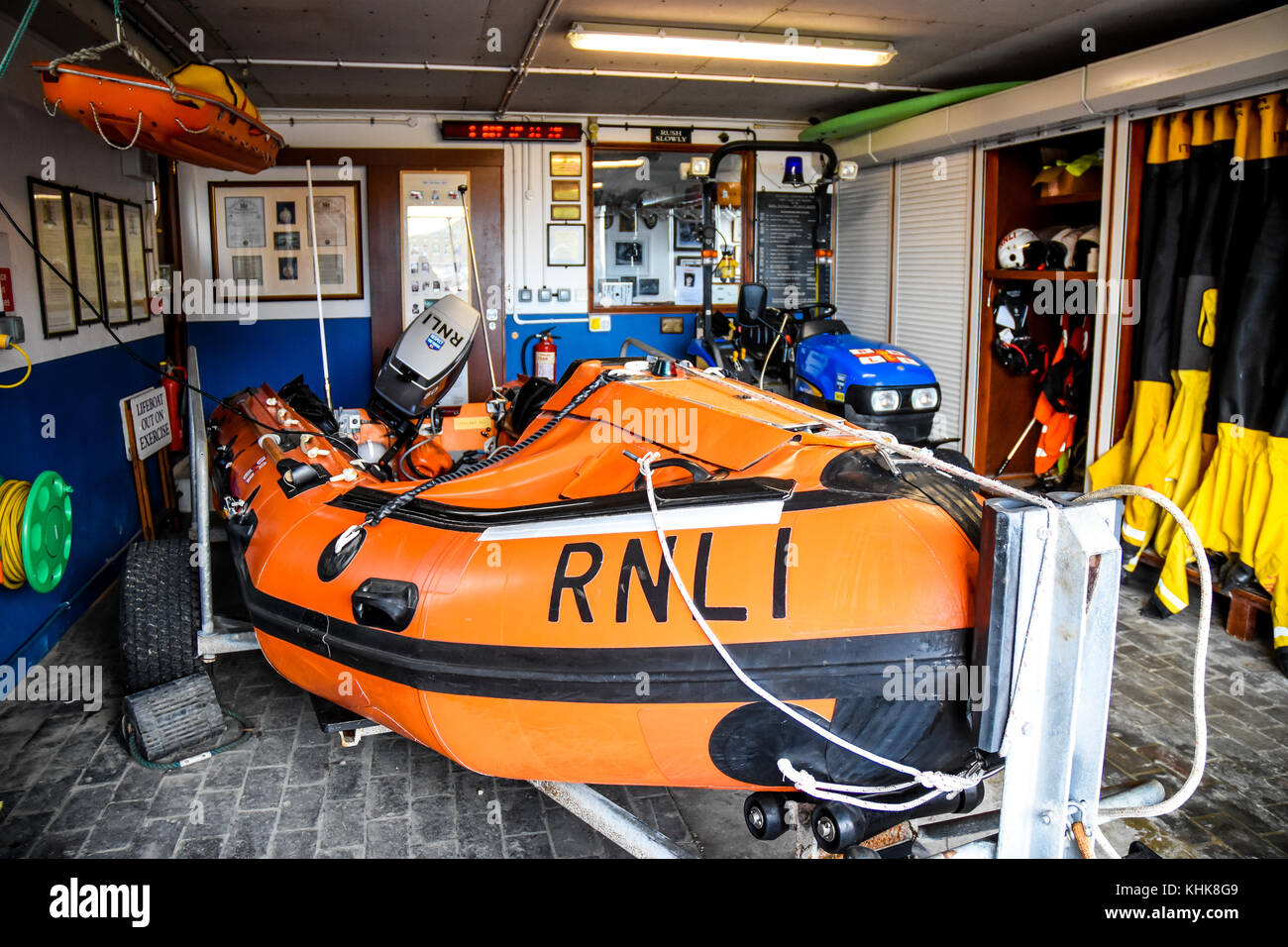 RNLI Lifeboat in the harbour station at Port Isaac, Cornwall, England ...