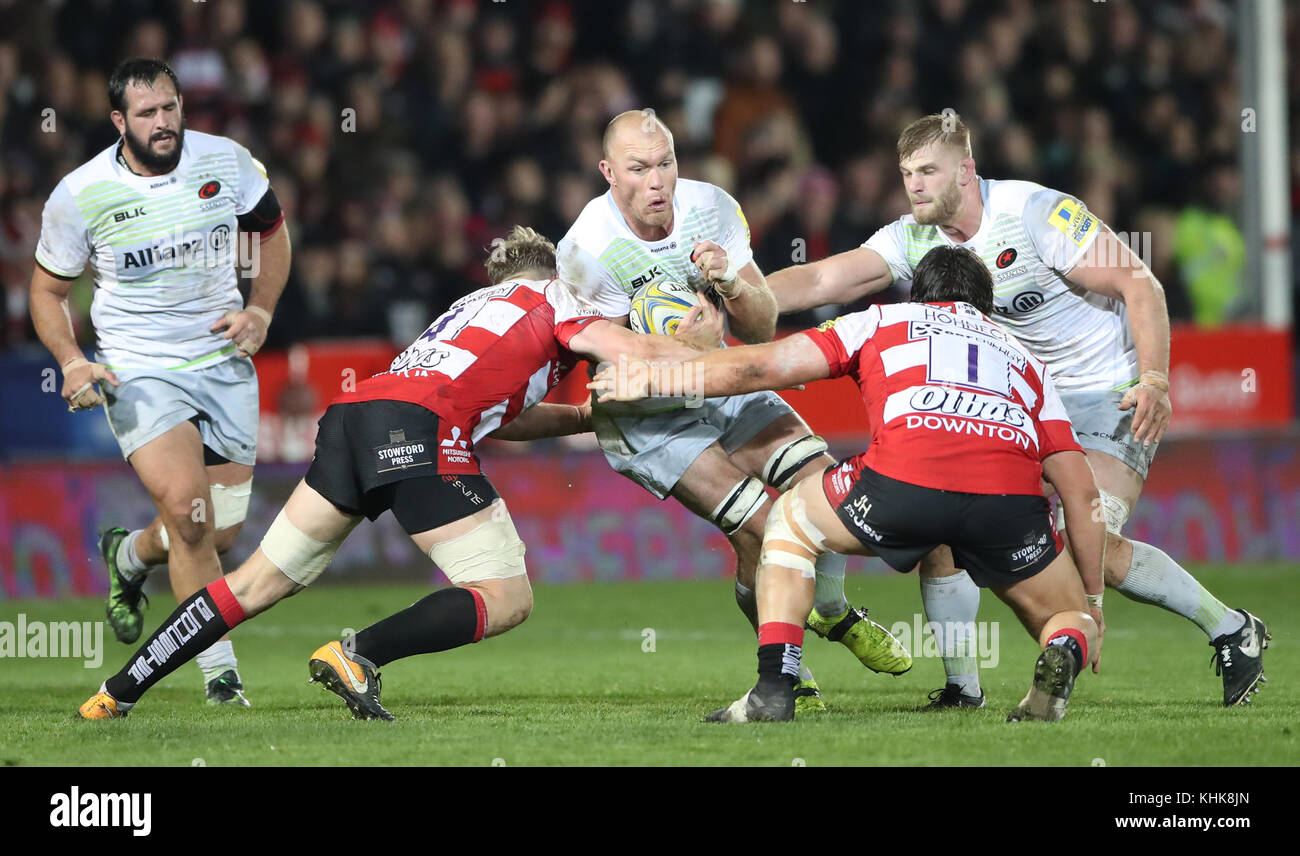 Saracens' Schalk Burger runs at the Gloucester Rugby defence during the ...
