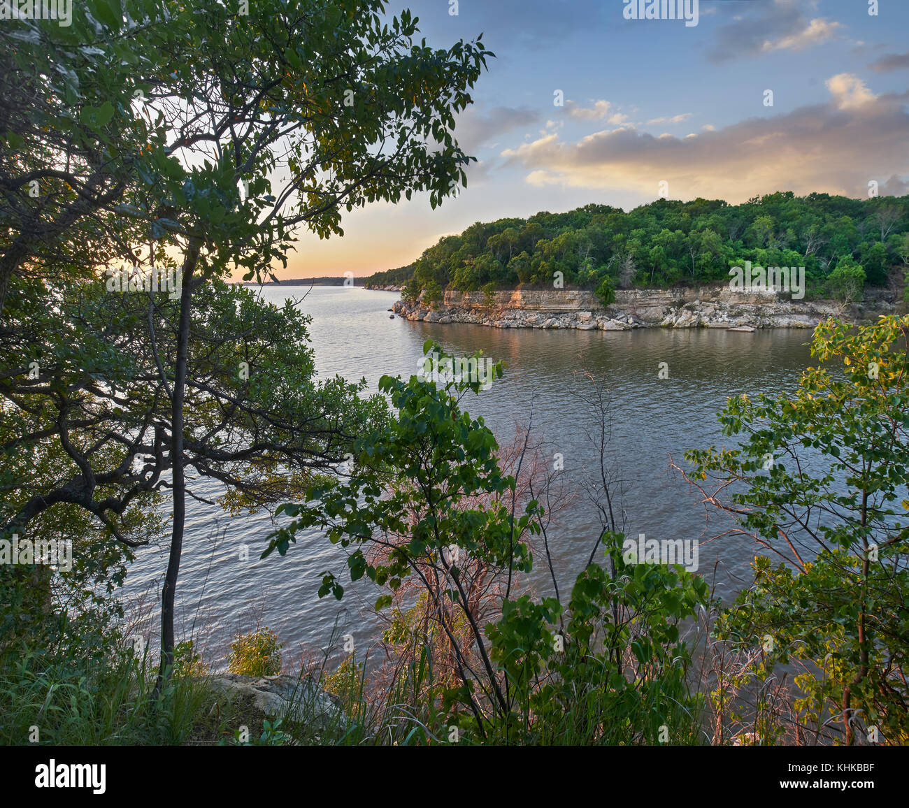 Limestone bluffs along lake, Eisenhower State Park, Texas Stock Photo ...