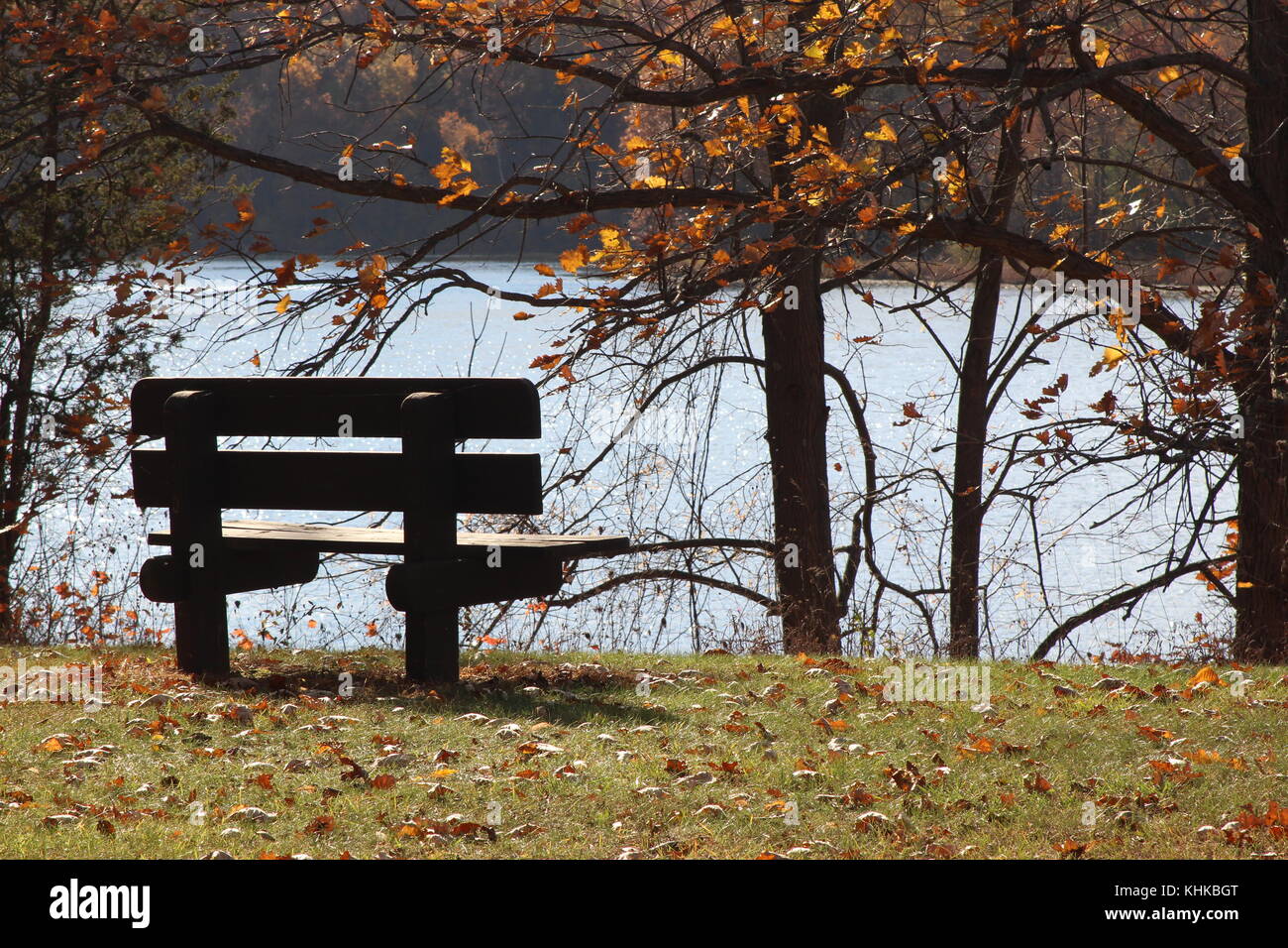 The photo of a bench next to a lake Stock Photo - Alamy