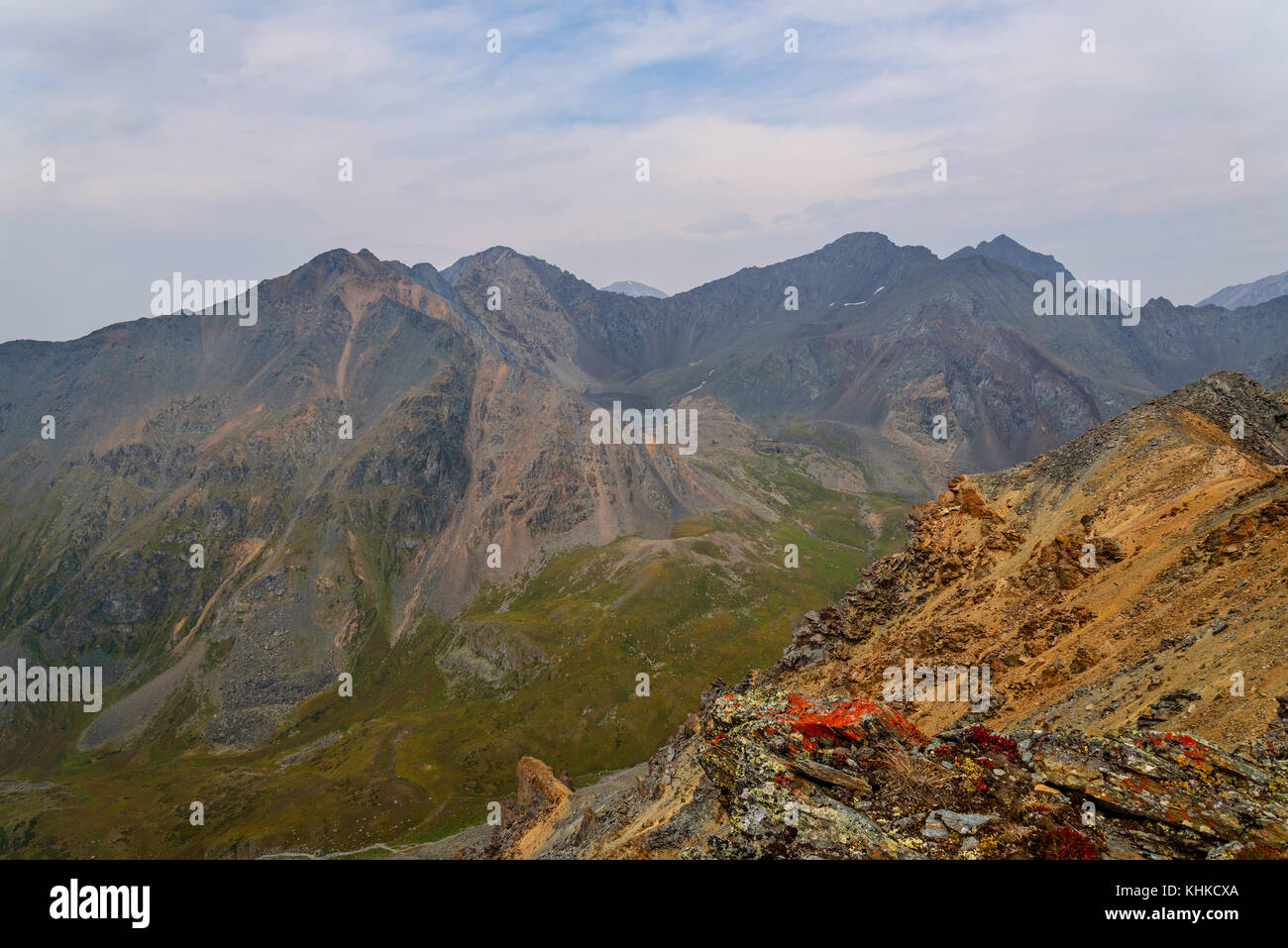 Scenic top view on the mountains, the valley between the mountains and ...