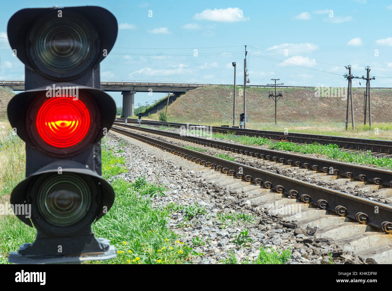 red semaphore near railroad Stock Photo - Alamy