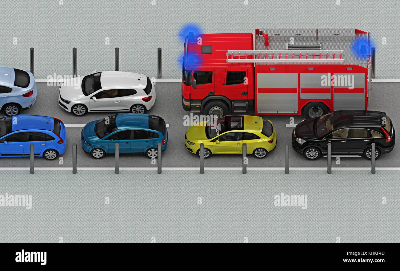 fire truck is in traffic jam above view. 3d rendering Stock Photo - Alamy