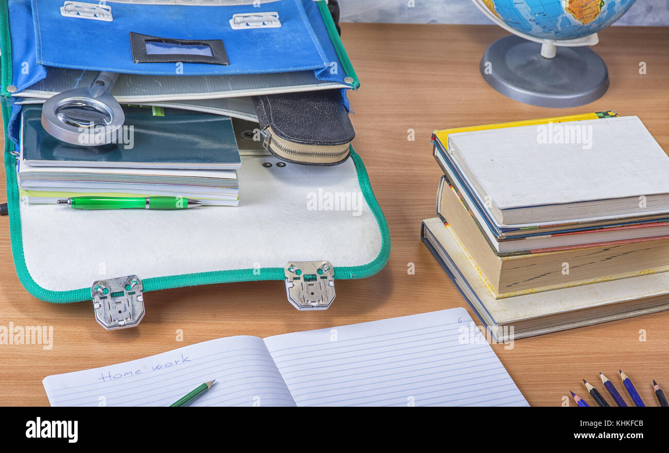 School bag with books, notebooks, pen and pencils Stock Photo - Alamy