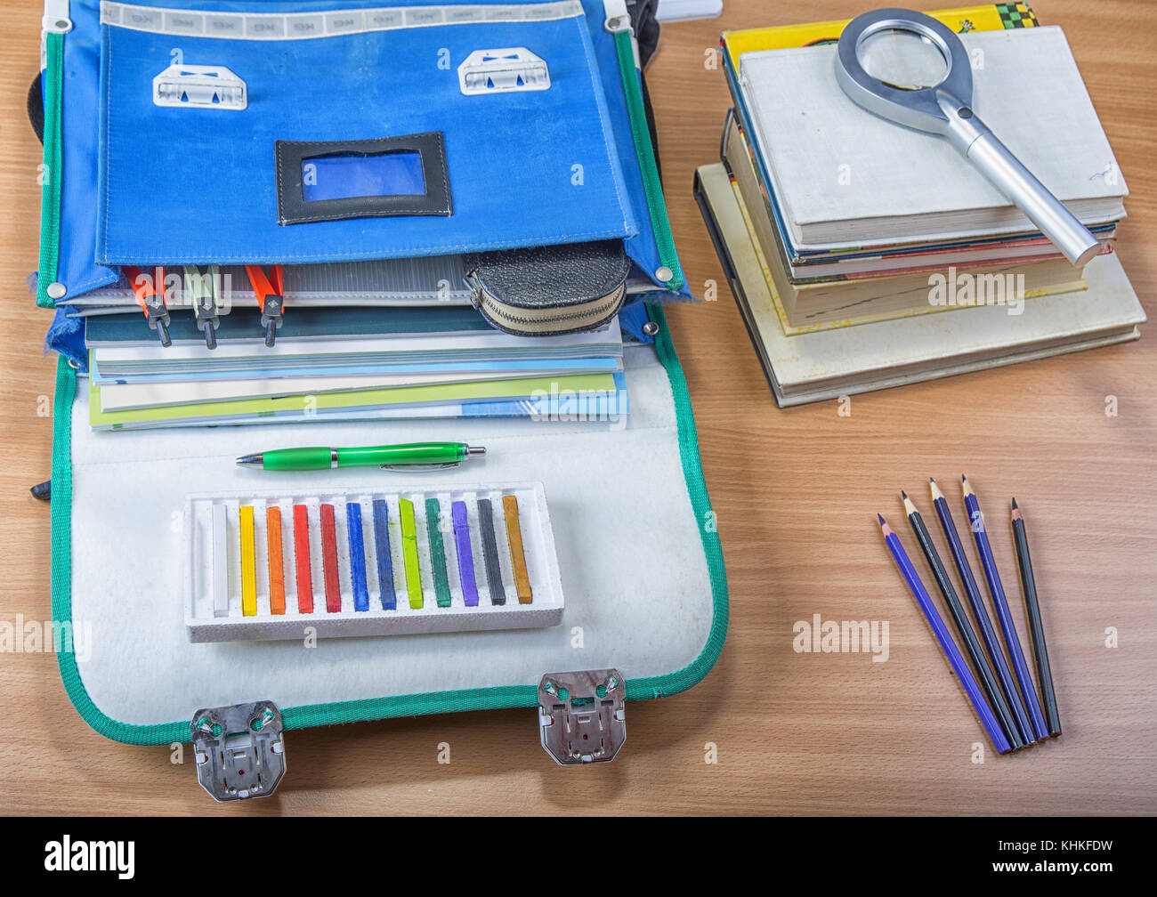 School bag with books, notebooks, pen and pencils Stock Photo - Alamy