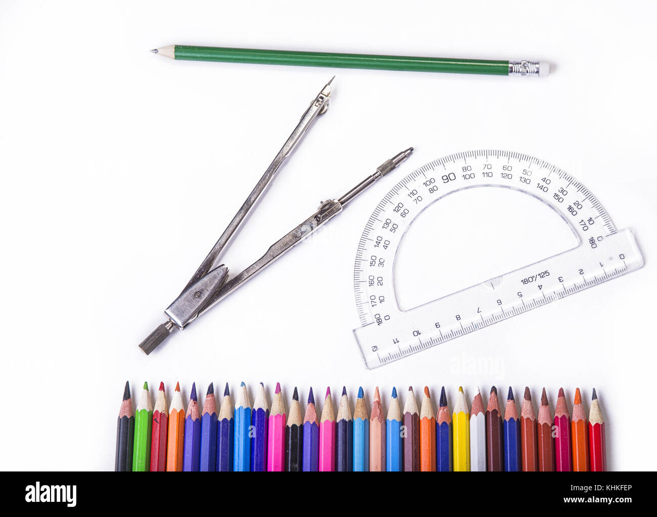 School tools for geometry. Compas with protractor and pencils Stock ...