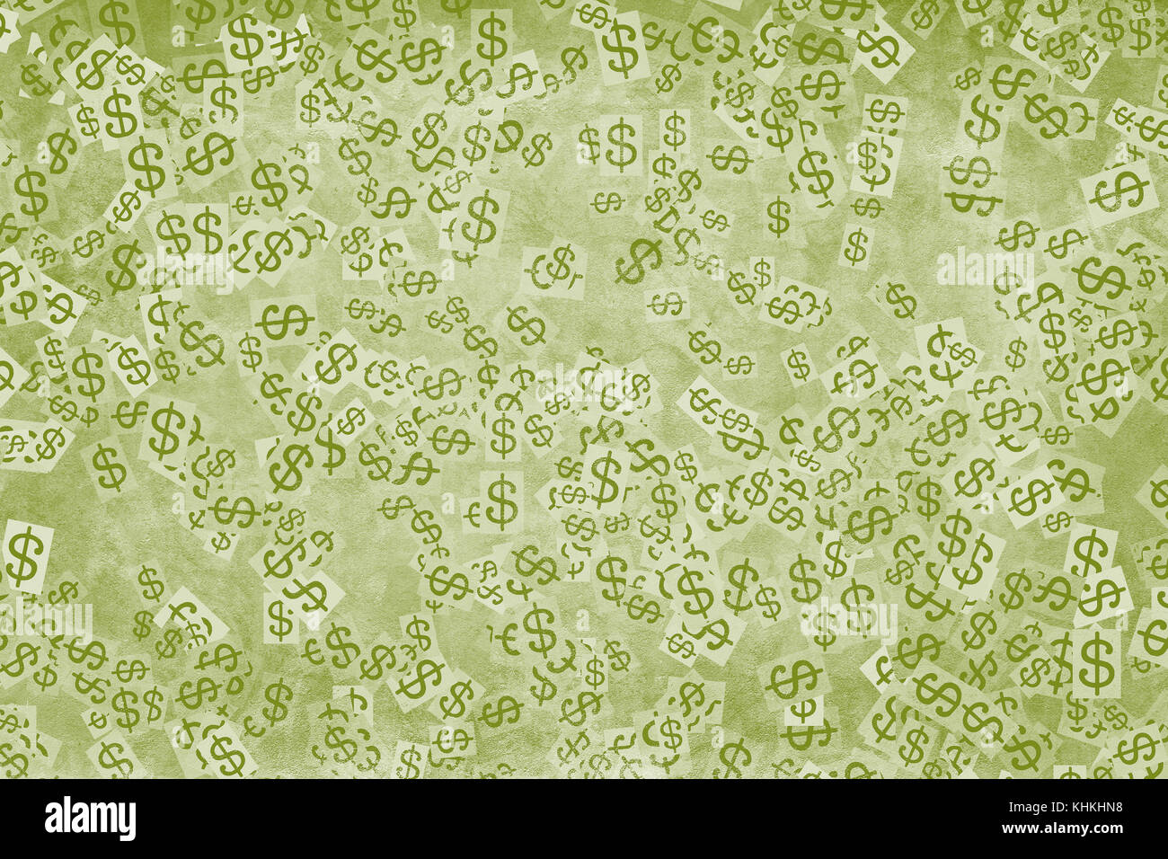 Green dollar signs (“$”) painted over a light green background texture ...