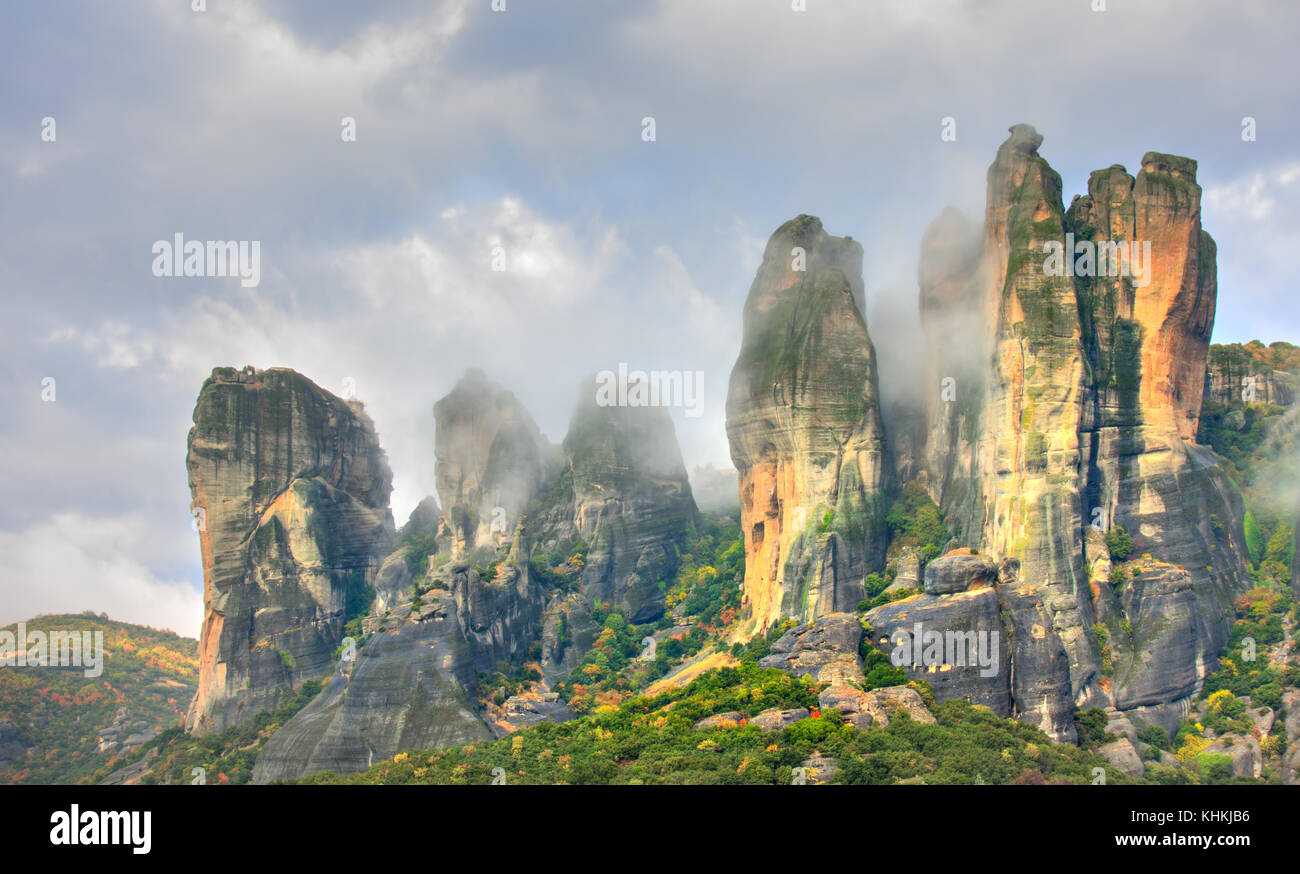 Rocks in Meteora on rainy day, Kalambaka, Greece - Landscape Stock ...