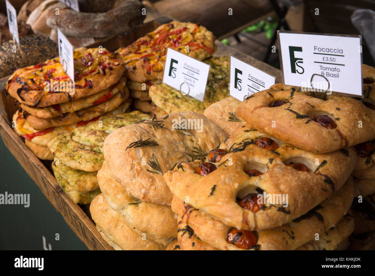 UK, London, Southwark, Borough Market, artisan Italian bread stall ...