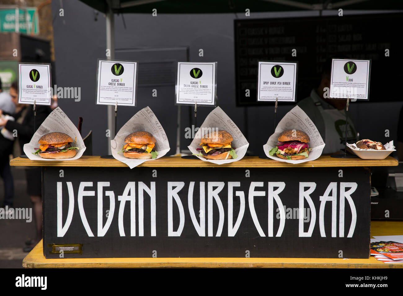 UK, London, Southwark, Borough Market, hot food stall, Vegan Burger Bar ...