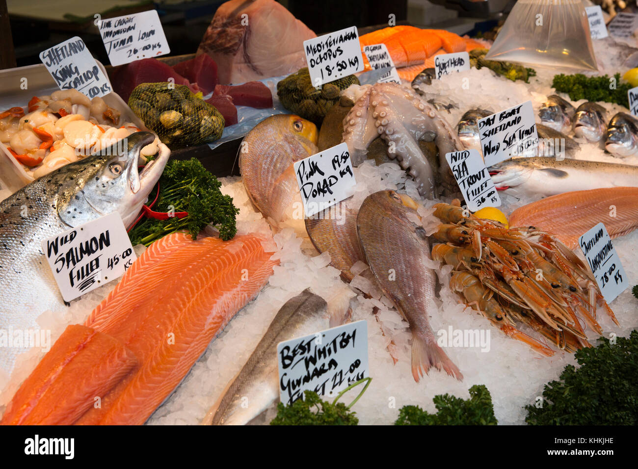 UK, London, Southwark, Borough Market, fresh fish stall, iced seafood ...