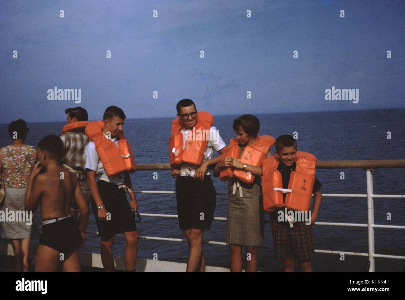 Tourists gathering for a life Jacket drill on the ship SS Ryndam, of ...