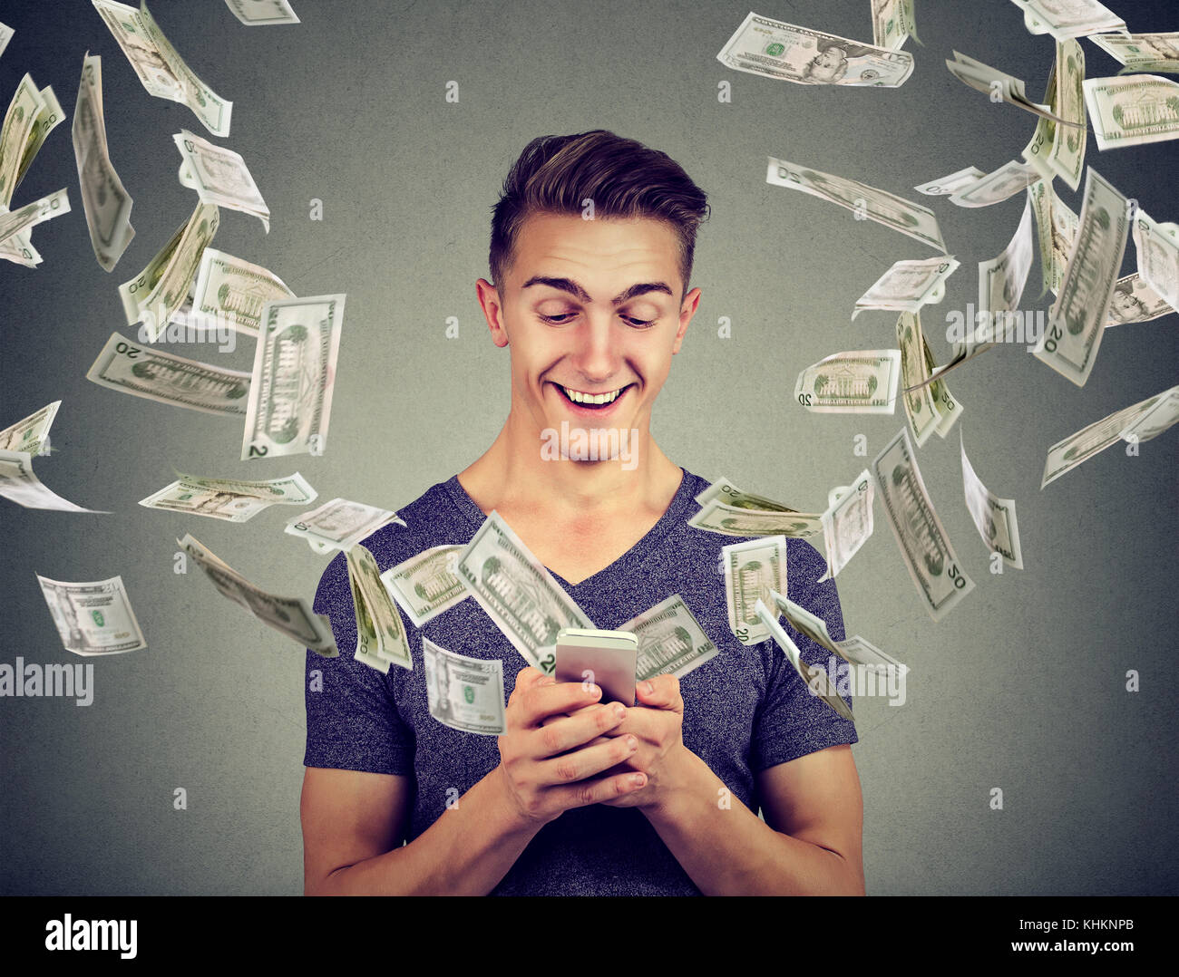 Online banking money transfer, e-commerce concept. Young man using ...