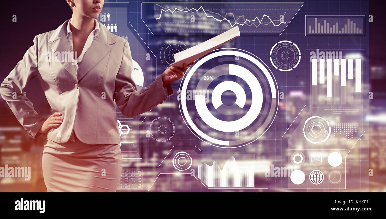 Digital background with infographs and lady extending papers or Stock ...