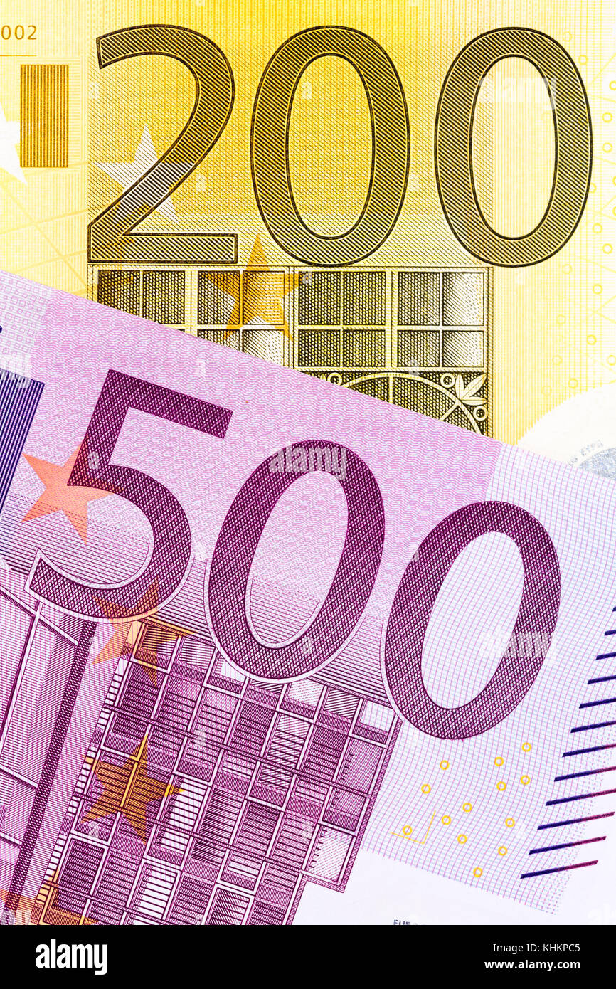 Close up of two euro notes: 200 and 500. High resolution photo Stock ...