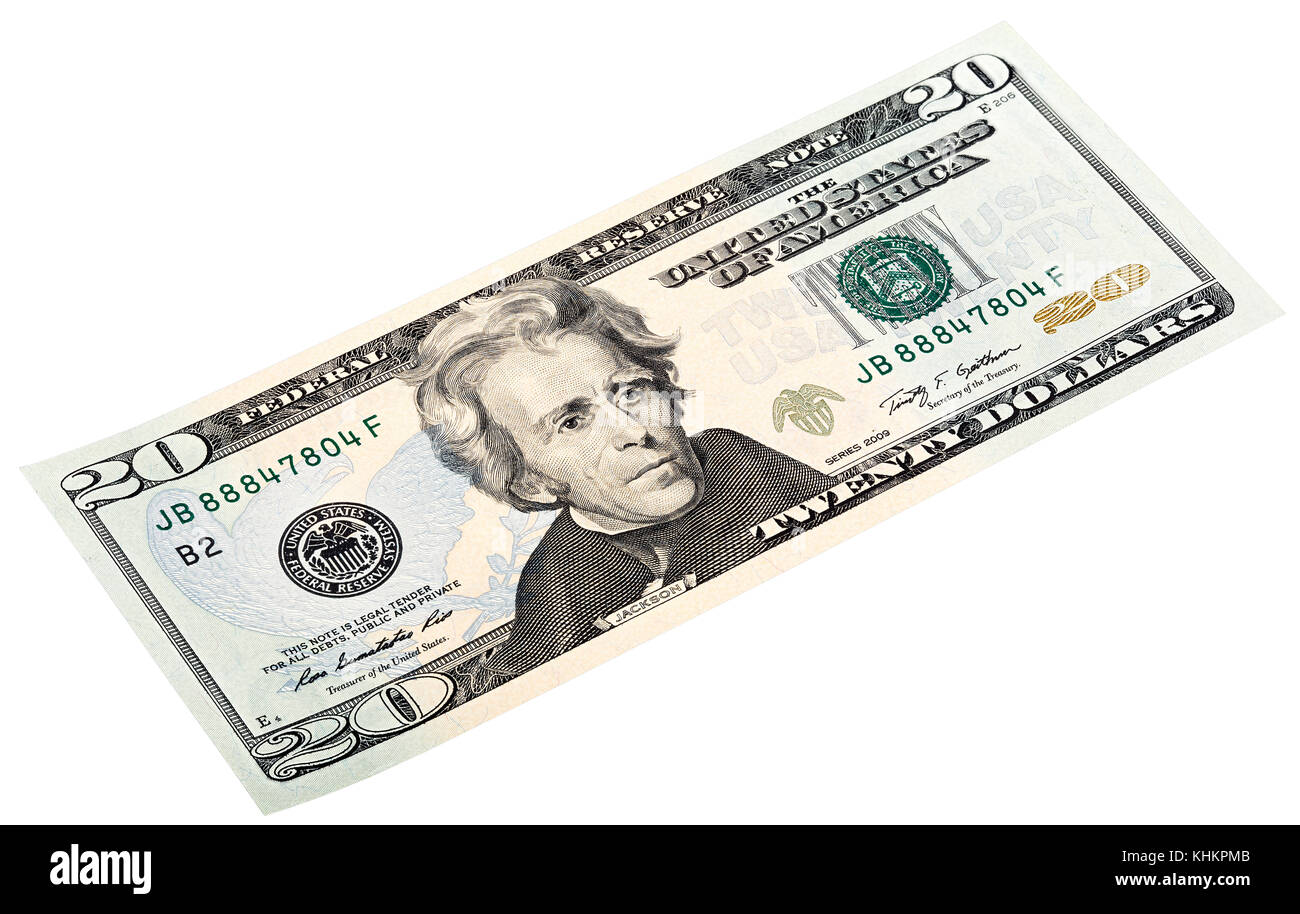 20 dollars bill. Isolated on white. Stacked photo. High resolution ...