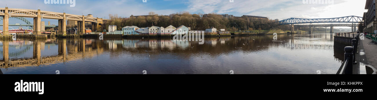 Riverside panorama of River Tyne, including Bridges and disused ...