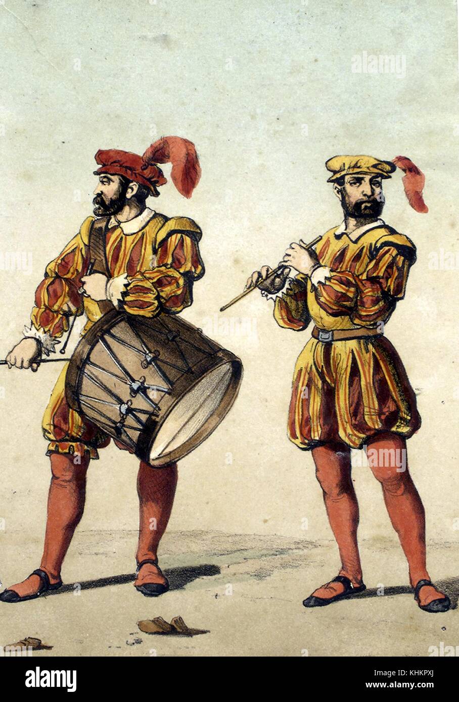 A color lithograph depicting a drummer and a flautist, they are wearing ...