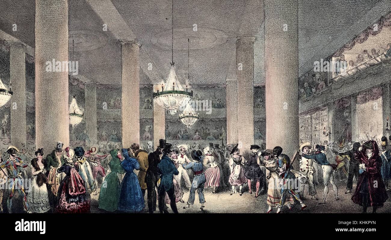 A color lithograph that depicts a masquerade ball, the viewer is placed ...