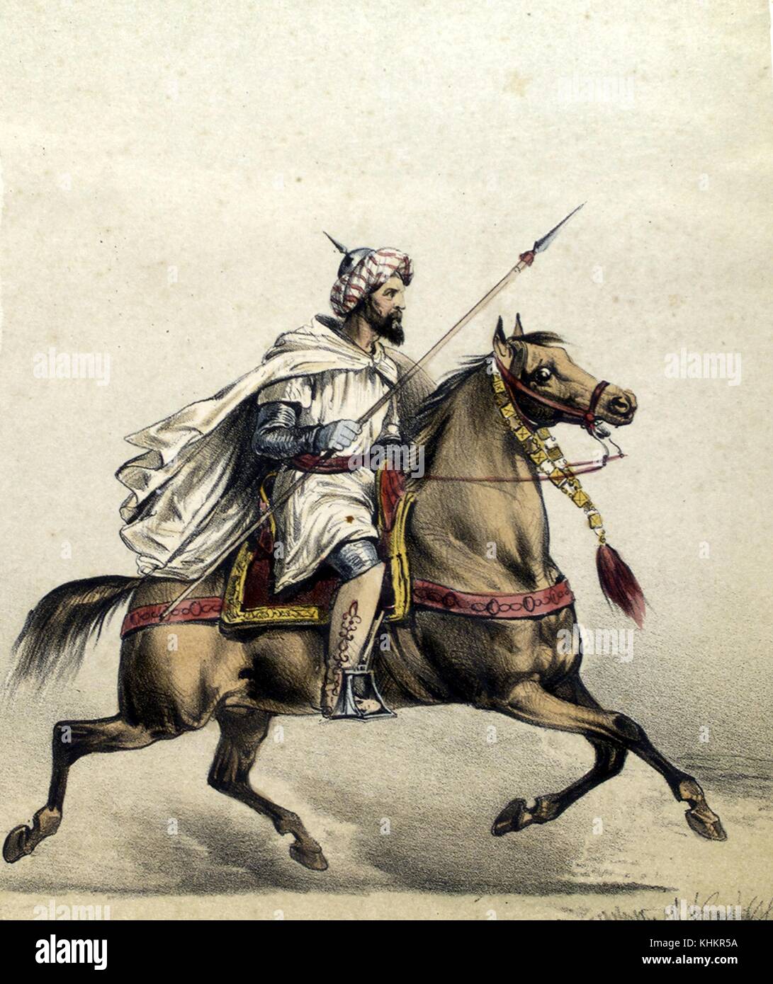 Color lithograph depicting an Arab soldier from 1450, on horseback ...