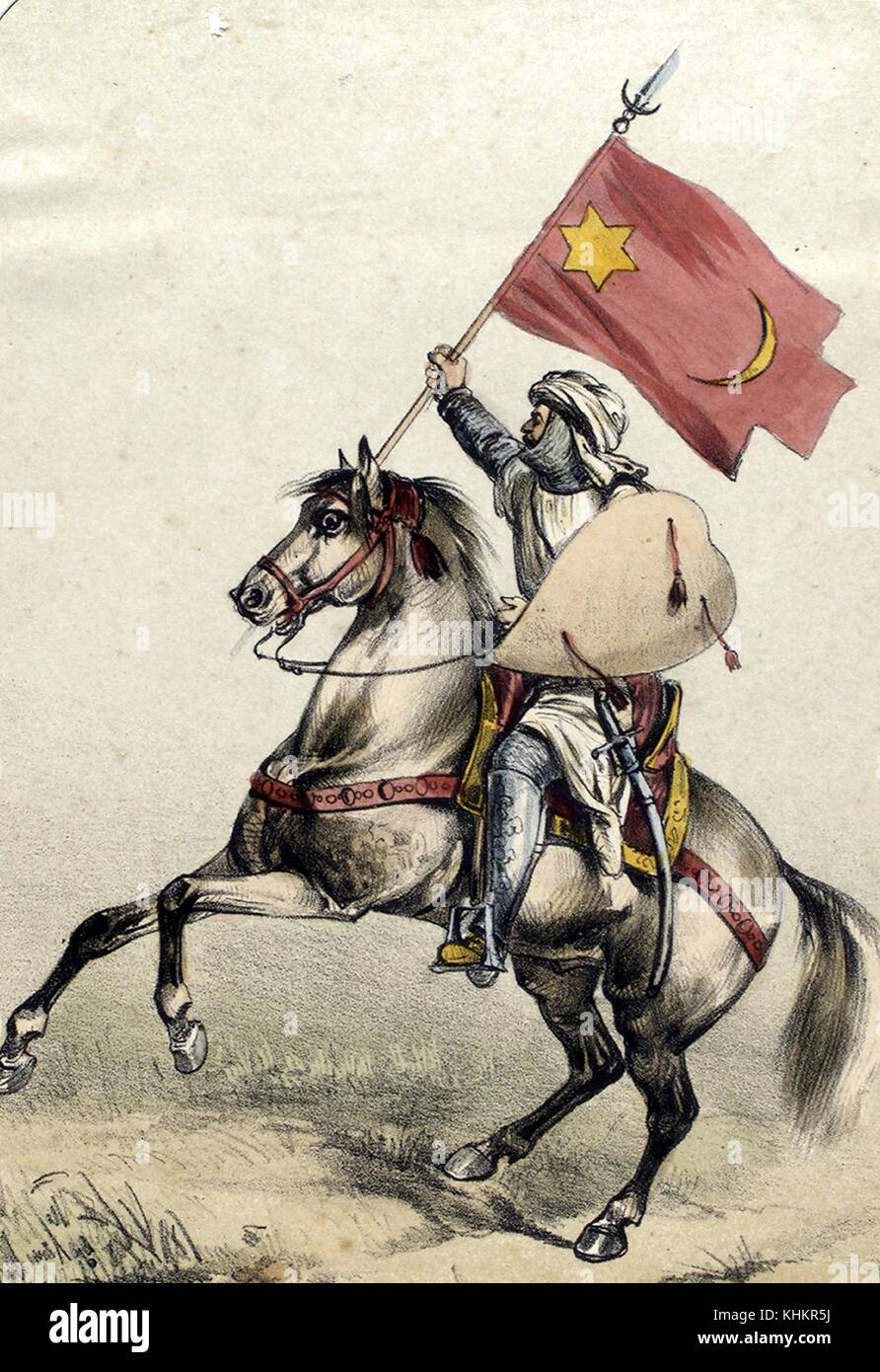 Color lithograph depicting an Arab soldier from 1450, on horseback ...