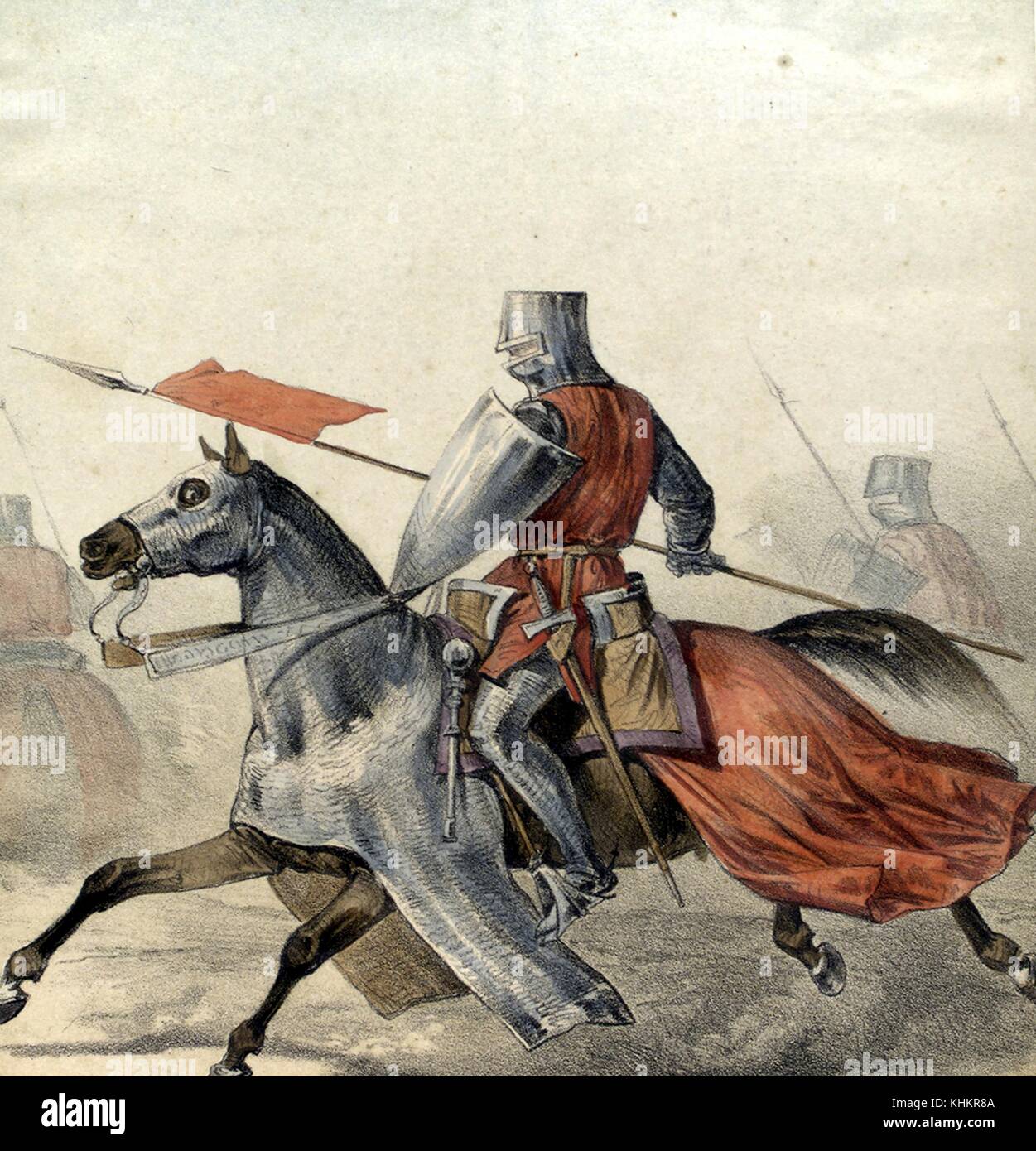 Color lithograph depicting a Spanish Hombre de Armas (Man of Arms) from ...